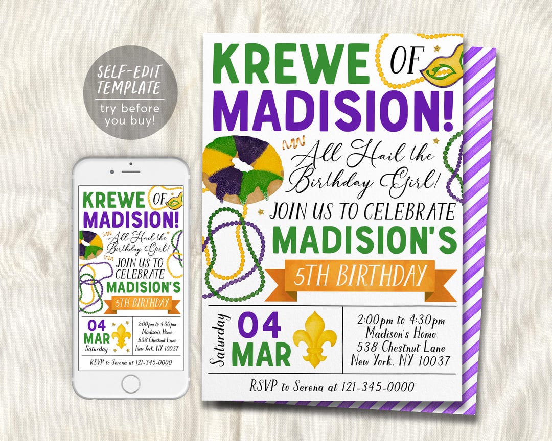 Mardi Gras Birthday Invitation Editable Template, Kids Mardi Gras Fat ...