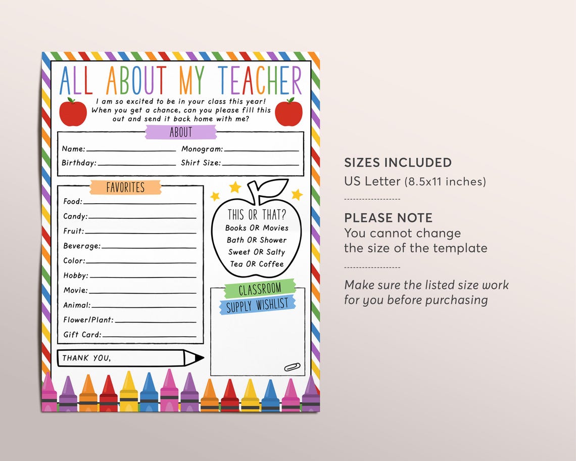 Favorites Teacher Survey Editable Template, Getting to Know My Teacher ...