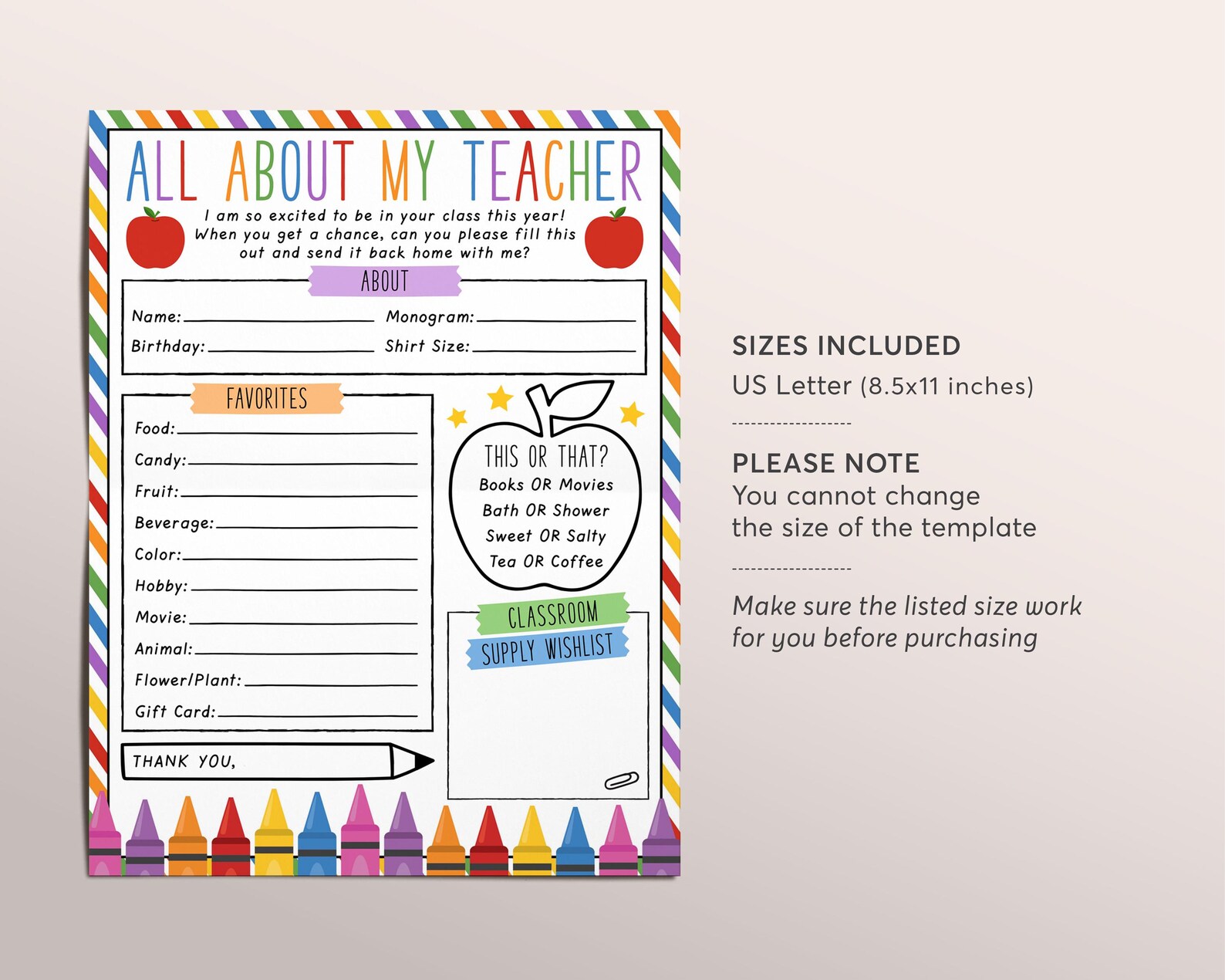 Favorites Teacher Survey Editable Template, Getting to Know My Teacher ...
