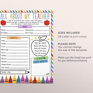 Favorites Teacher Survey Editable Template, Getting to Know My Teacher ...