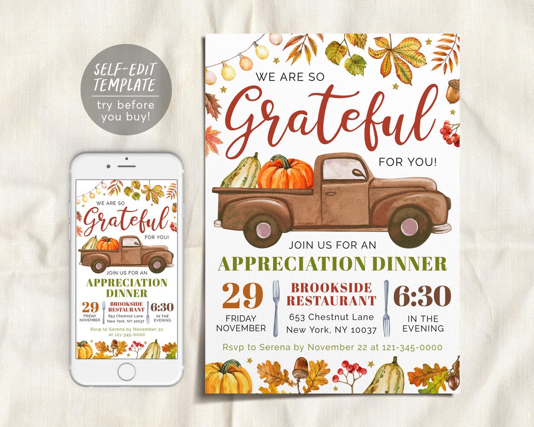 Fall Appreciation Invitation Editable Template, Grateful for You ...