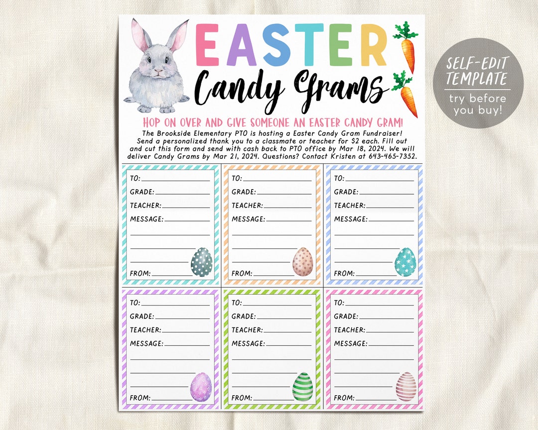 Easter Candy Gram Flyer Editable Template, Easter Bunny Candy Grams ...