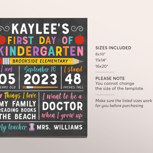 First Day of Kindergarten Sign Girl Editable Template, Chalkboard Back ...