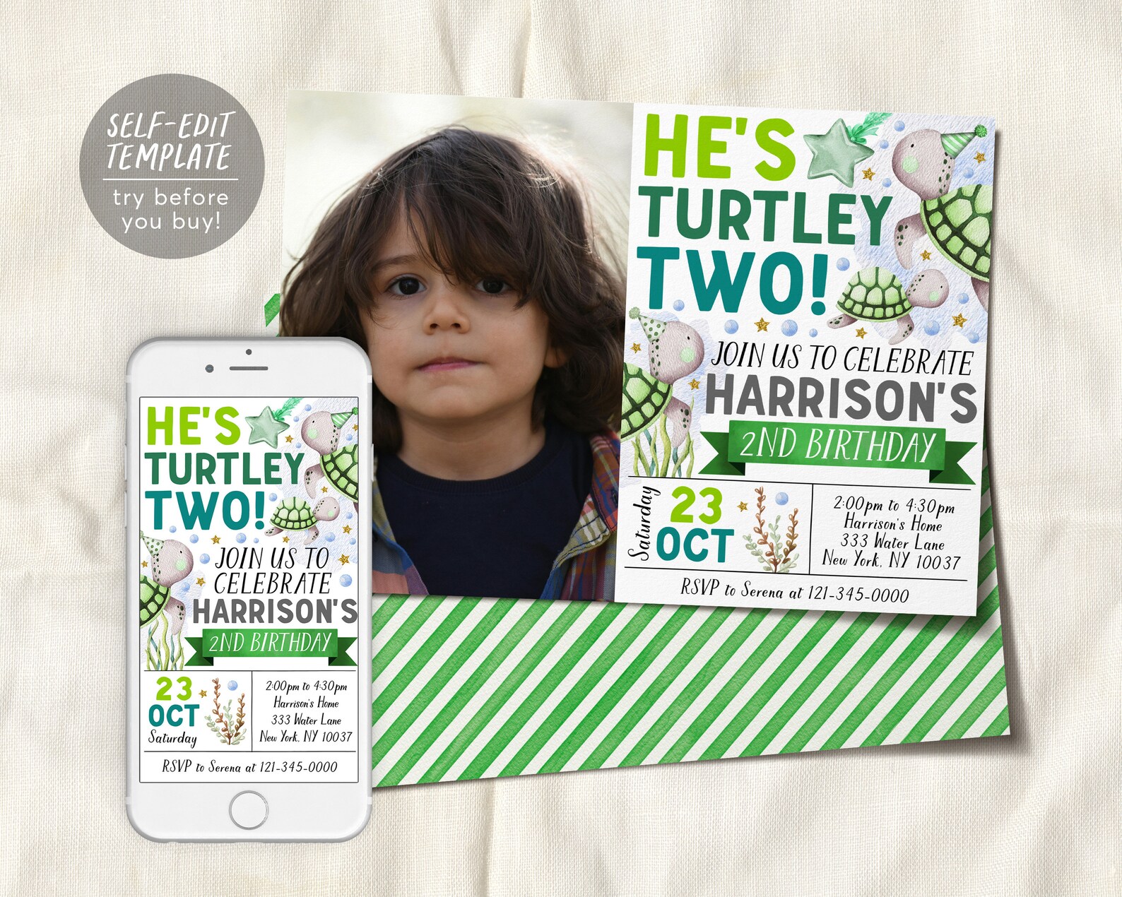 Turtle Second Birthday Invitation With Photo Editable Template, He's ...
