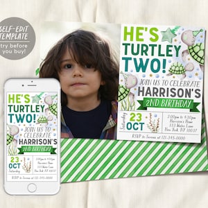 Turtle Second Birthday Invitation With Photo Editable Template, He's ...