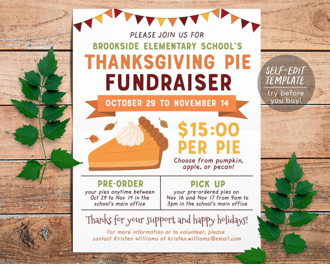 Thanksgiving Pie Fundraiser Flyer Editable Template, Fall Pumpkin Pie ...