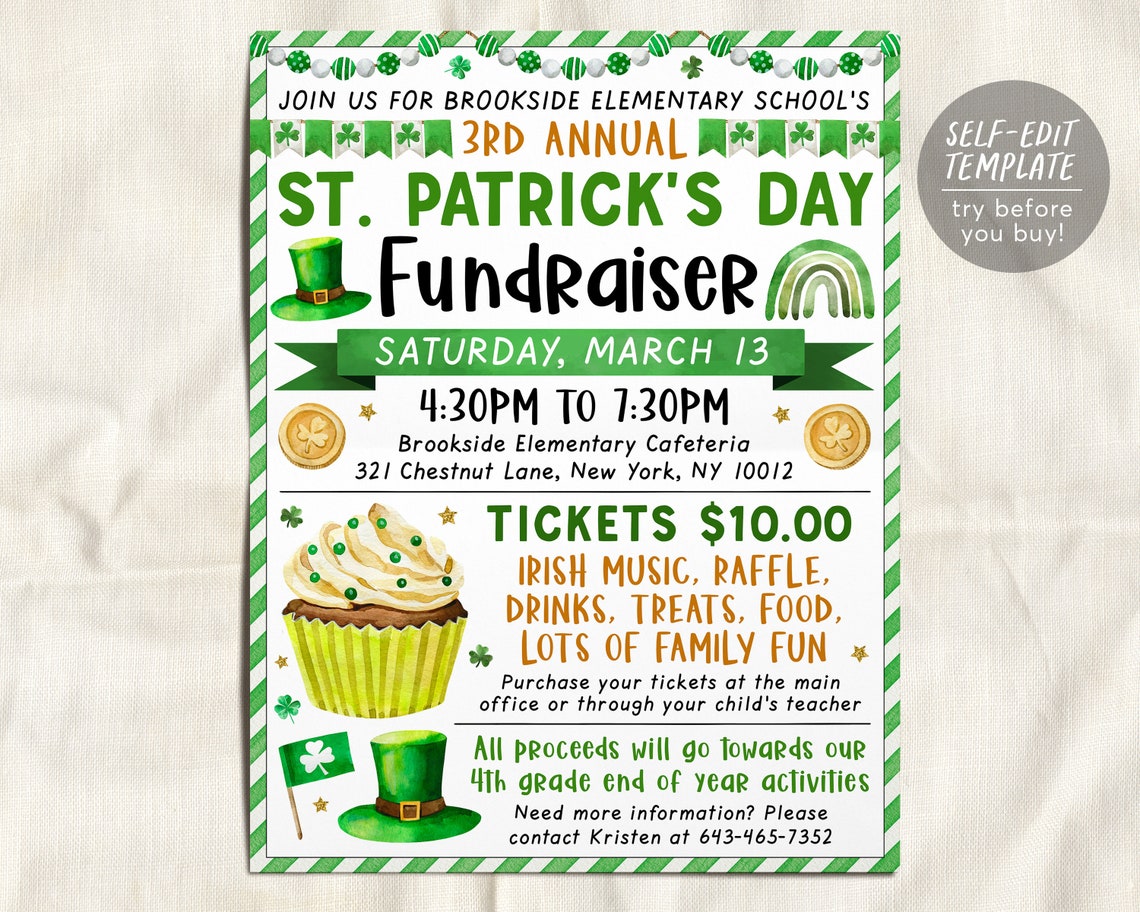 St. Patricks Day Fundraiser Flyer Editable Template, Saint Pattys Day ...