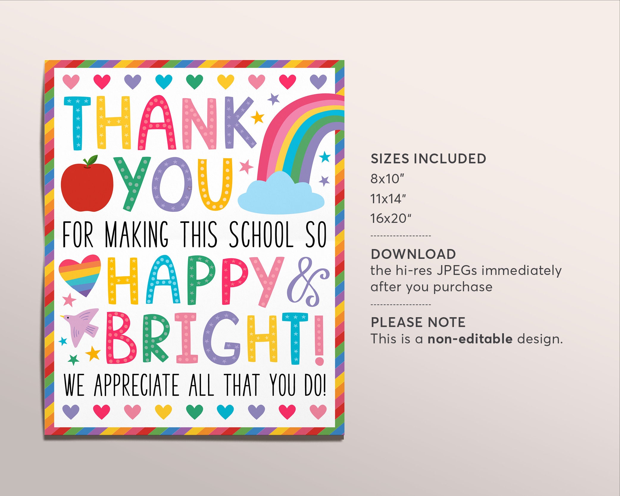 Rainbow Thank You Appreciation Week Sign Poster Printable, Thank You ...