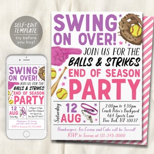 Softball End of Season Party Invitation Editable Template, Swing on ...