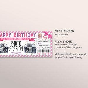 Photography Session Gift Voucher Ticket Editable Template, Birthday ...