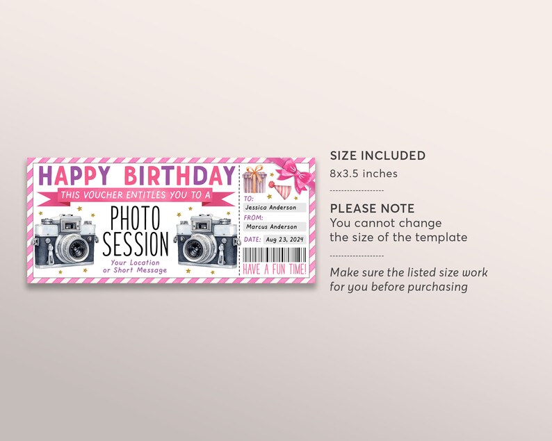 Photography Session Gift Voucher Ticket Editable Template, Birthday ...
