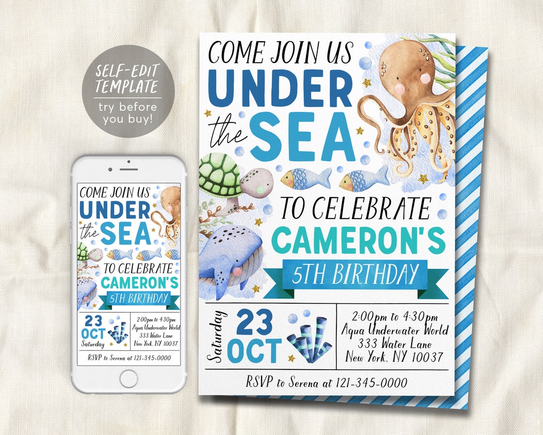 Under the Sea Birthday Invitation Editable Template, Boy Unisex Ocean ...
