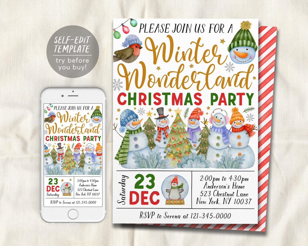 Snowman Christmas Party Invitation Editable Template, Holiday Winter ...