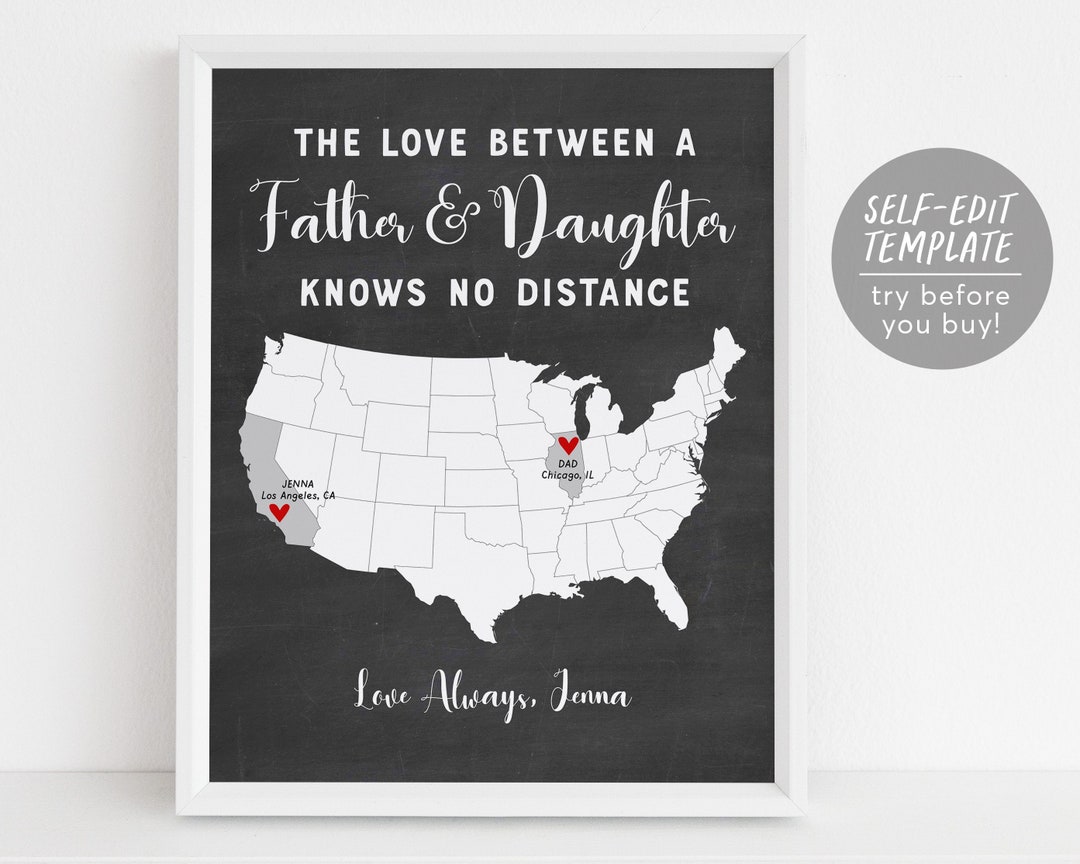 Editable Father Long Distance Map Gift From Daughter Template, Going ...