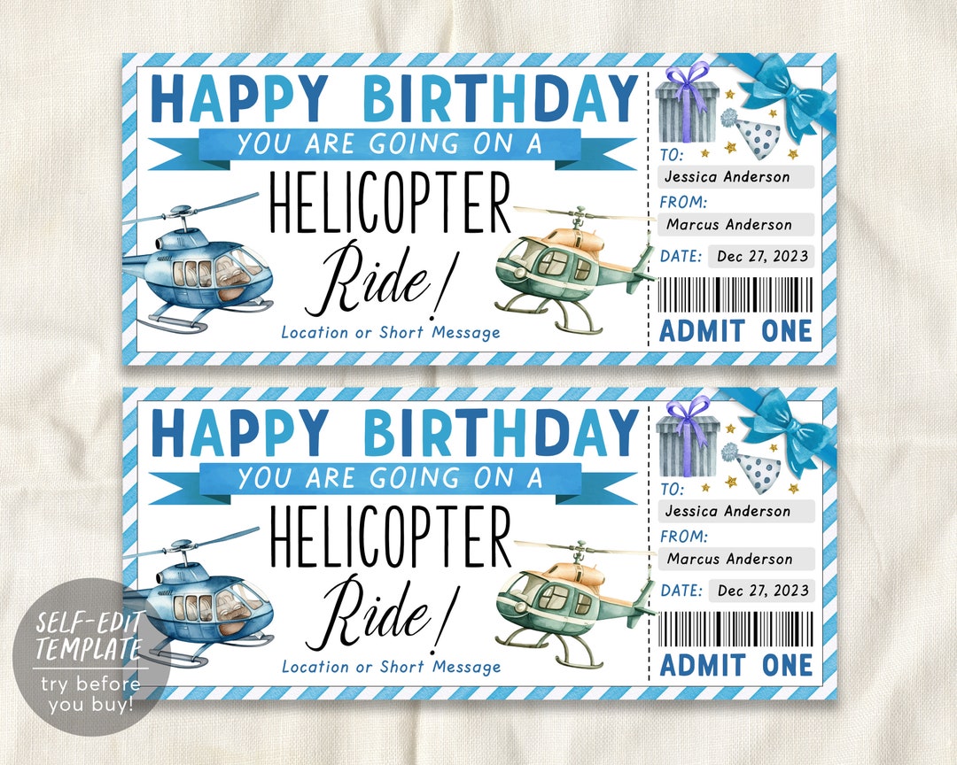 Helicopter Ride Ticket Gift Certificate Editable Template, Surprise ...