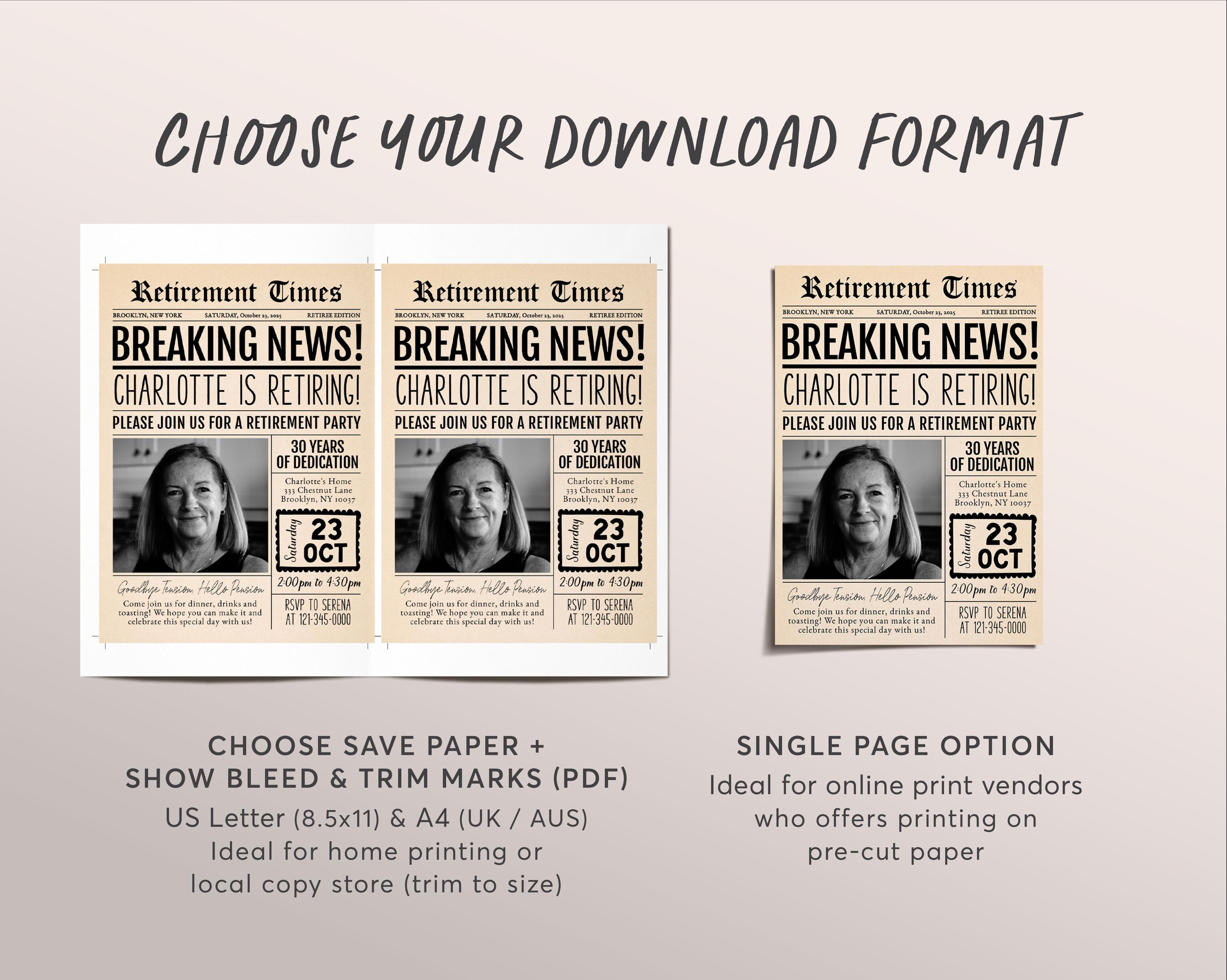 Retirement Newspaper Invitation Editable Template, Retirement Surprise ...