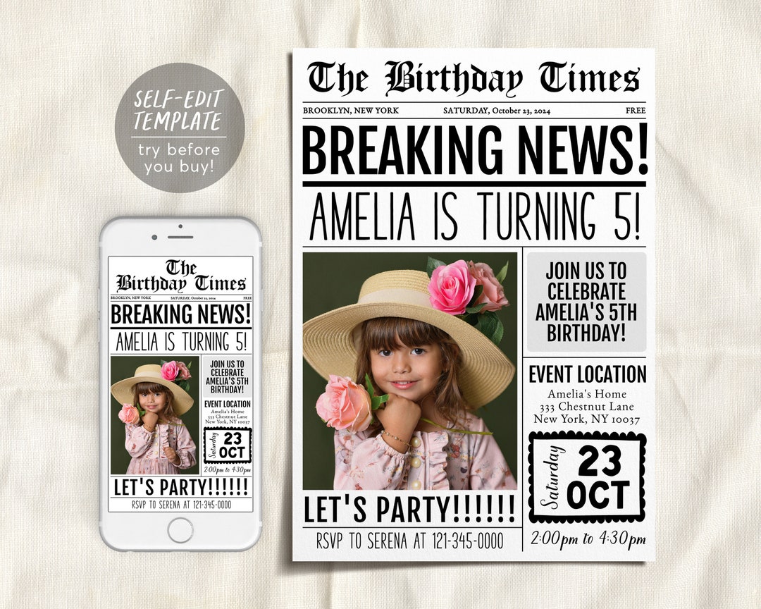 Birthday Newspaper Invitation With Photo Editable Template, Newspaper Theme Party Invite, Custom ...