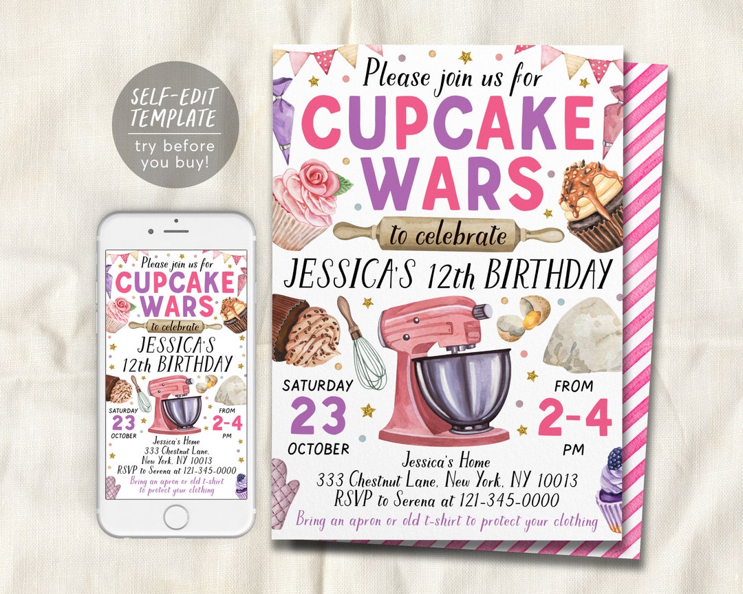 Cupcake Wars Birthday Invitation Editable Template, Girl Baking ...