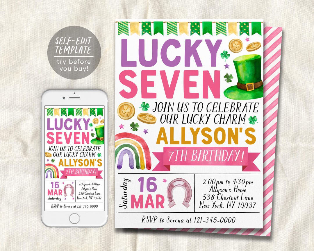 Lucky Seven 7th Birthday Invitation Editable Template, Pink Girl St ...