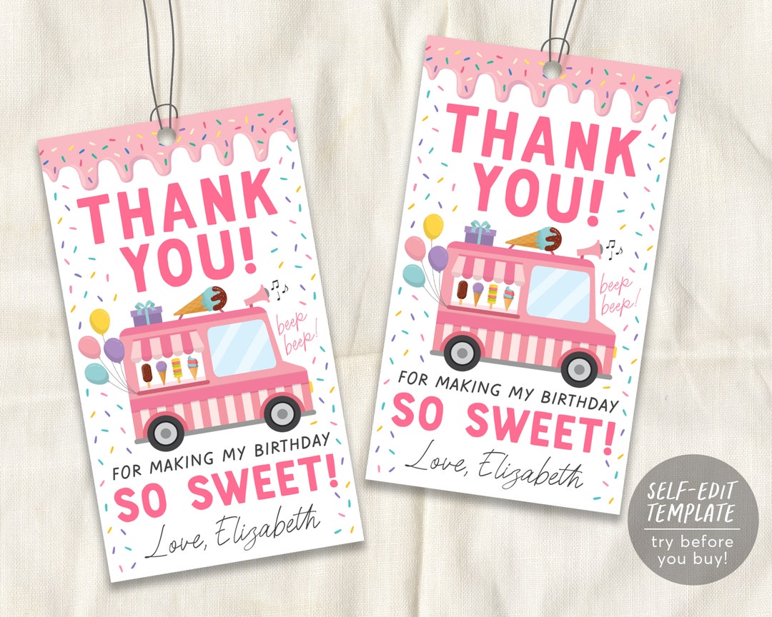 Ice Cream Birthday Party Thank You Gift Tag Editable Template, Ice ...