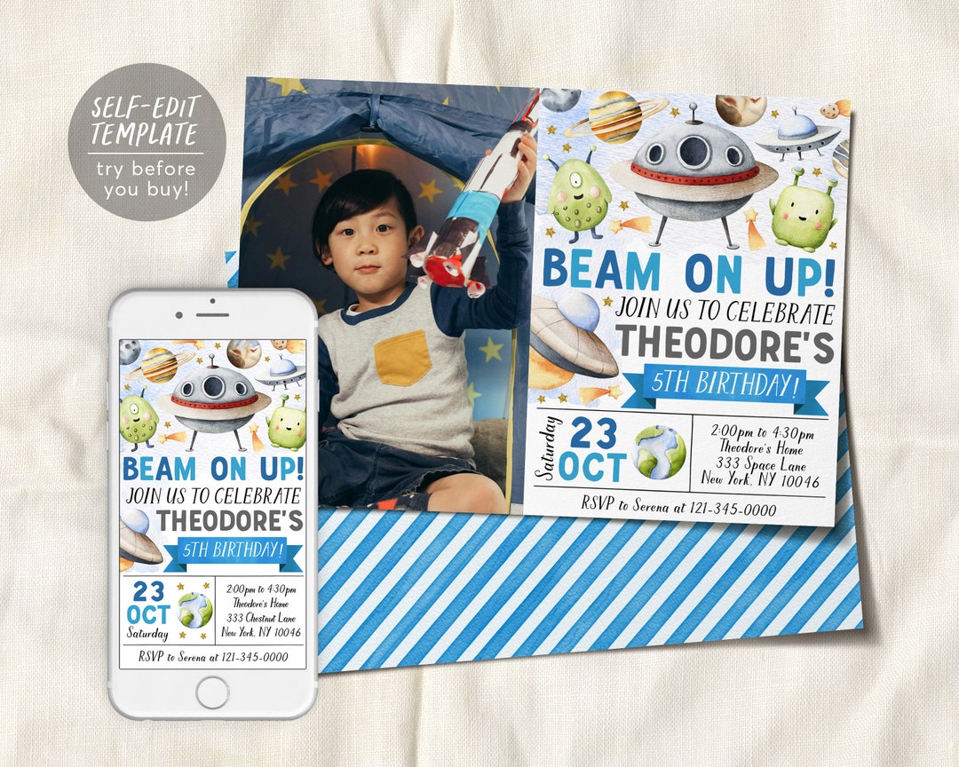 UFO Alien Birthday Invitation With Photo Editable Template, Beam on up ...