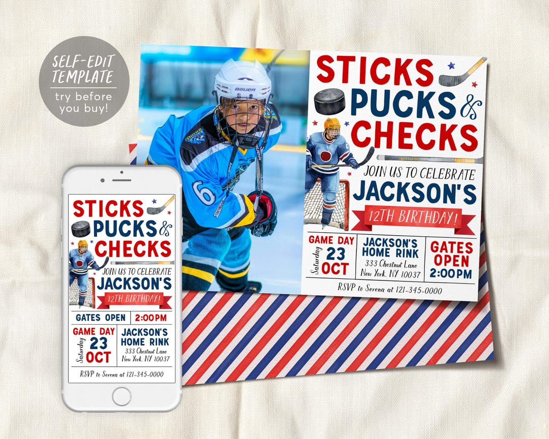 Ice Hockey Birthday Invitation With Photo Editable Template, Sticks ...