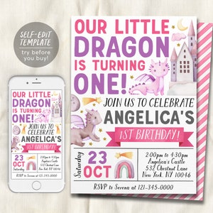 Dragon First Birthday Invitation Editable Template, Girl Magical ...