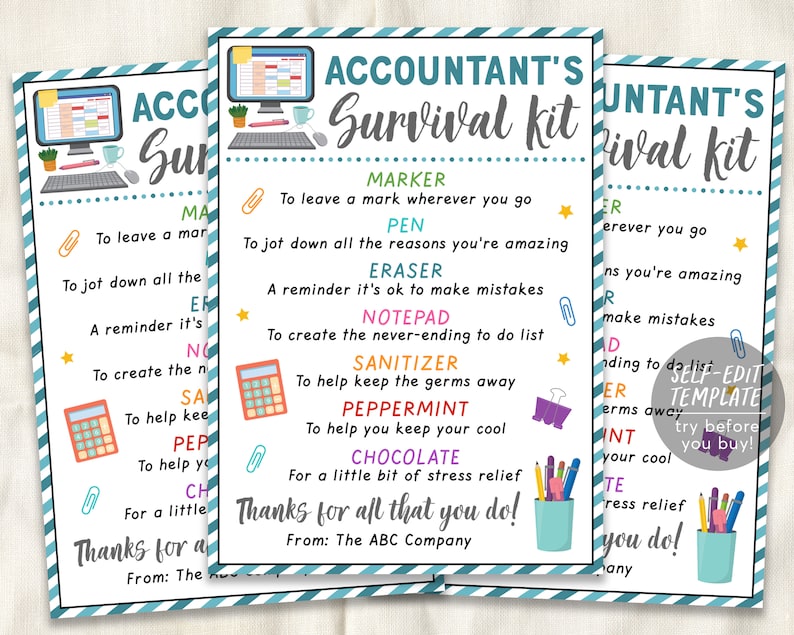 Accountant Survival Kit Gift Tags Editable Template CPA - Etsy