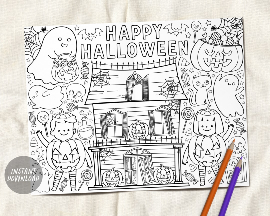 Halloween Coloring Page Placemat for Kids, Cute Spooky Halloween Fall ...
