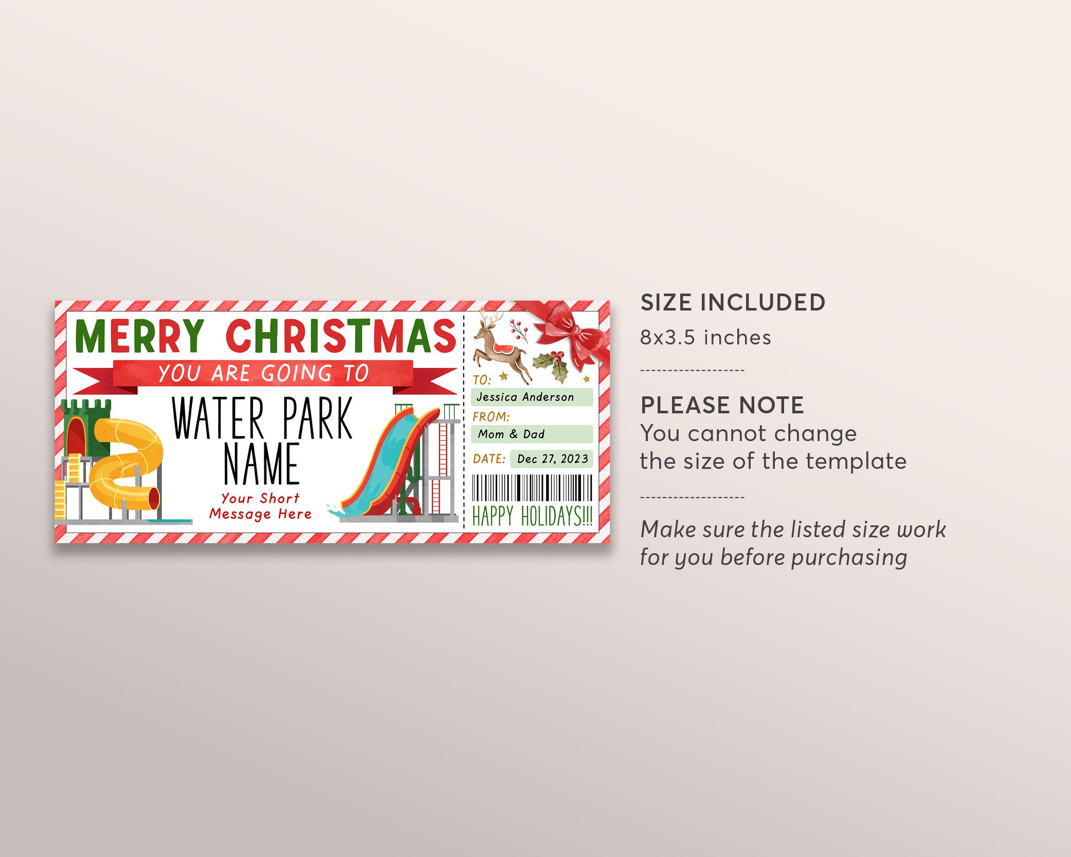Surprise Water Park Ticket Editable Template, Christmas Holiday ...