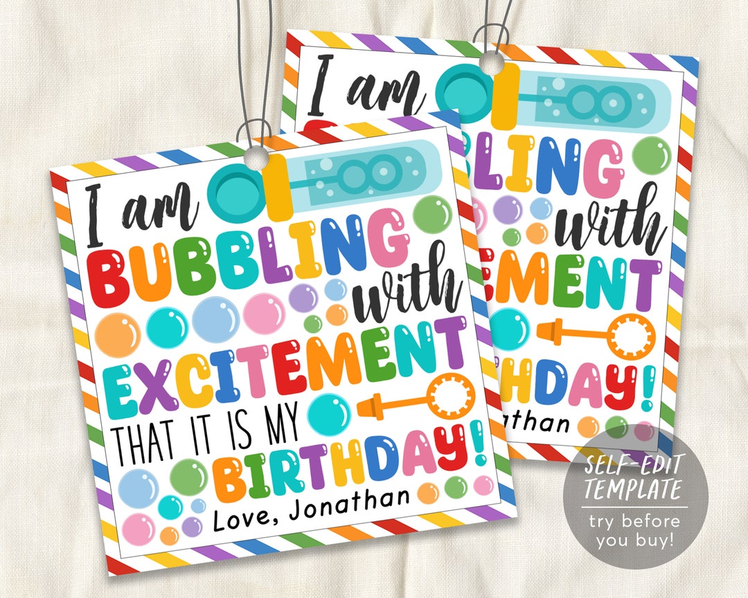 Bubbling With Excitement Birthday Party Favor Tags Editable Template ...