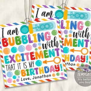 Bubbling With Excitement Birthday Party Favor Tags Editable Template ...