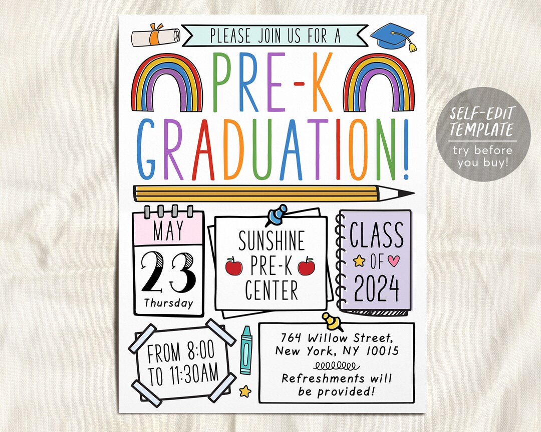 Pre-k Graduation Invitation Flyer Editable Template, Prek Kindergarten ...