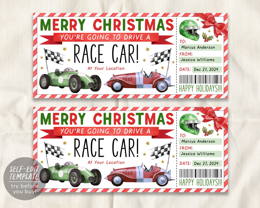 Christmas Race Car Ticket Gift Certificate Editable Template, Surprise ...