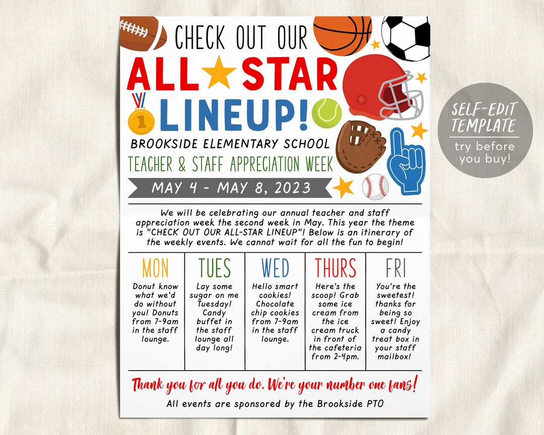 Sports All Star VIP Theme Teacher Staff Appreciation Week Itinerary ...