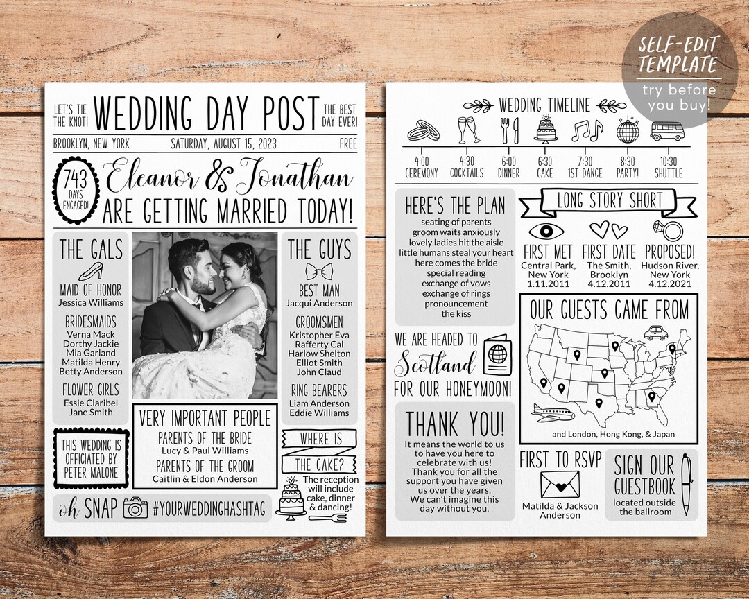 Infographic Wedding Program 5x7 Editable Template, Black and White ...