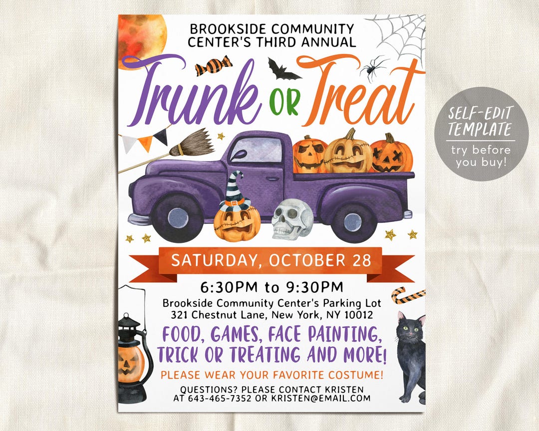 Trunk or Treat Flyer Editable Template, Halloween Night Party Flyer ...