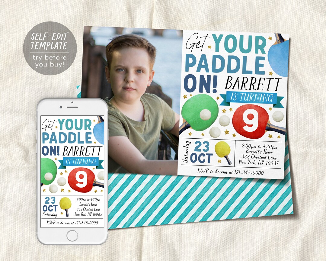 Ping Pong Birthday Invitation With Photo Editable Template, Boy Table ...