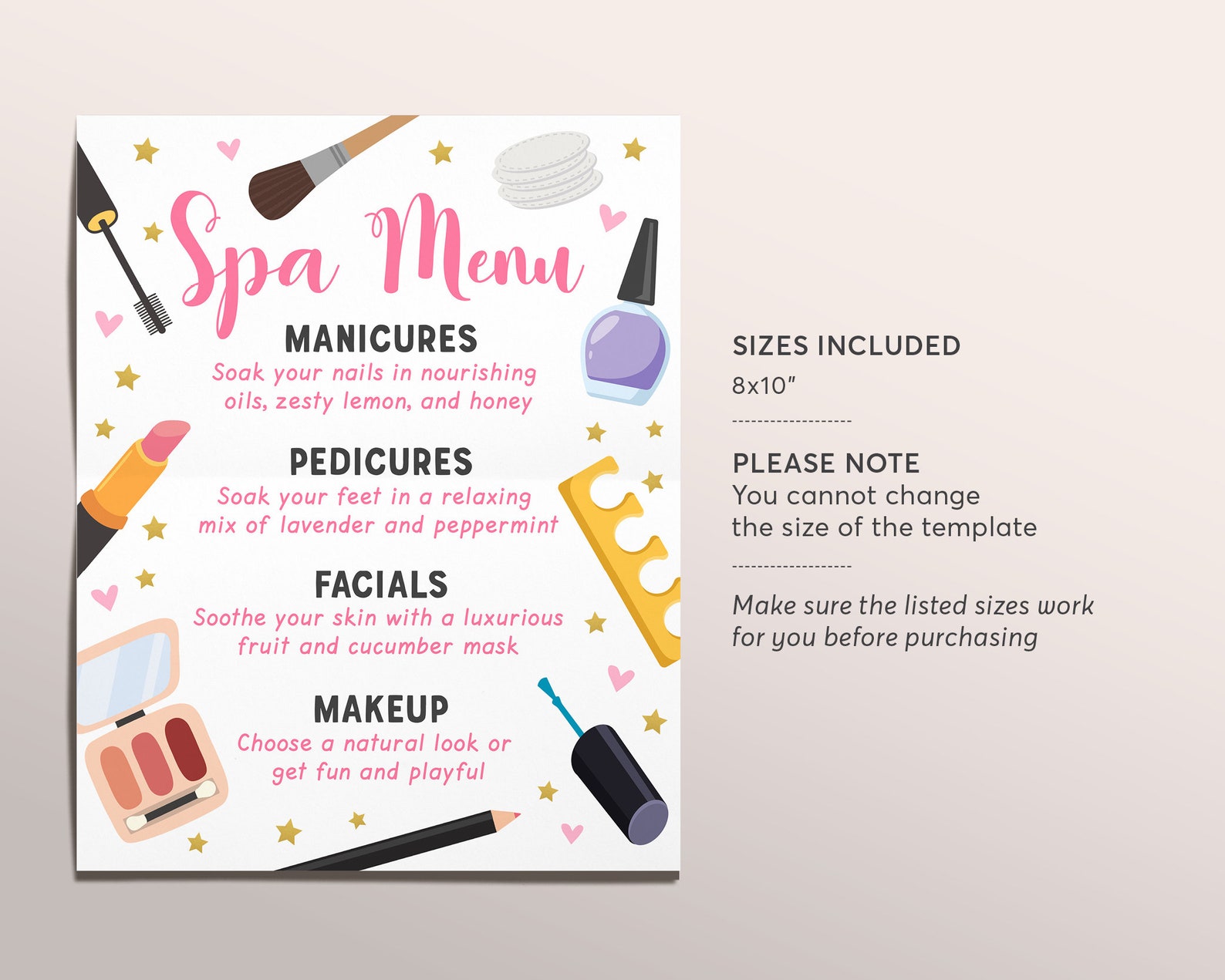 Editable Spa Menu Template Tween Spa Birthday Party - Etsy
