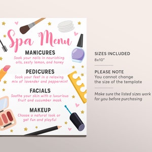 Editable Spa Menu Template, Tween Spa Birthday Party Decorations Decor ...