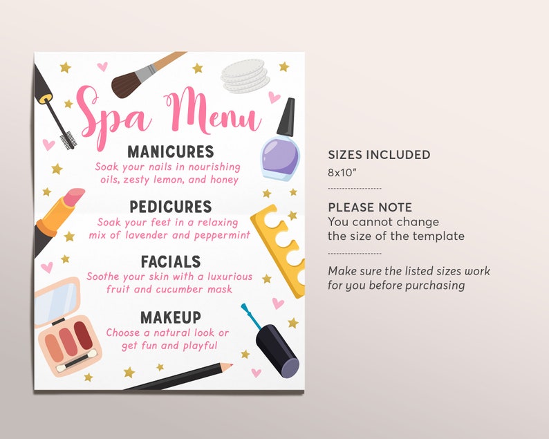 Editable Spa Menu Template, Tween Spa Birthday Party Decorations Decor ...