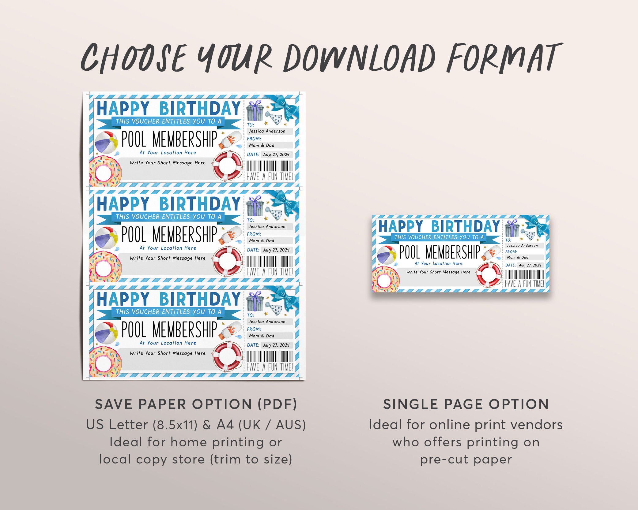Pool Membership Gift Certificate Ticket Editable Template, Birthday ...