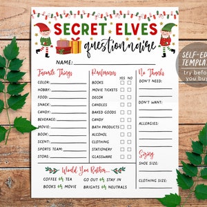 Secret Elves Questionnaire Editable Template, Secret Elf Santa Holiday ...
