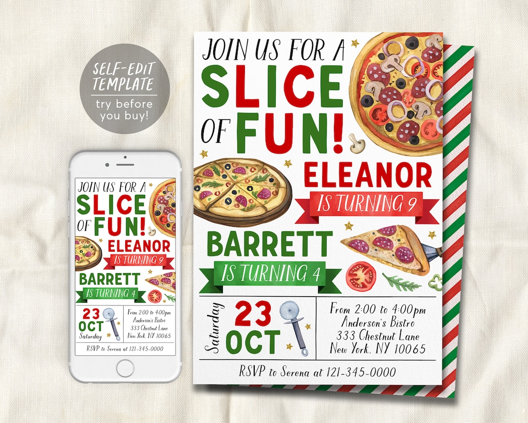 Pizza Party Joint Siblings Birthday Invitation Editable Template, Kids ...