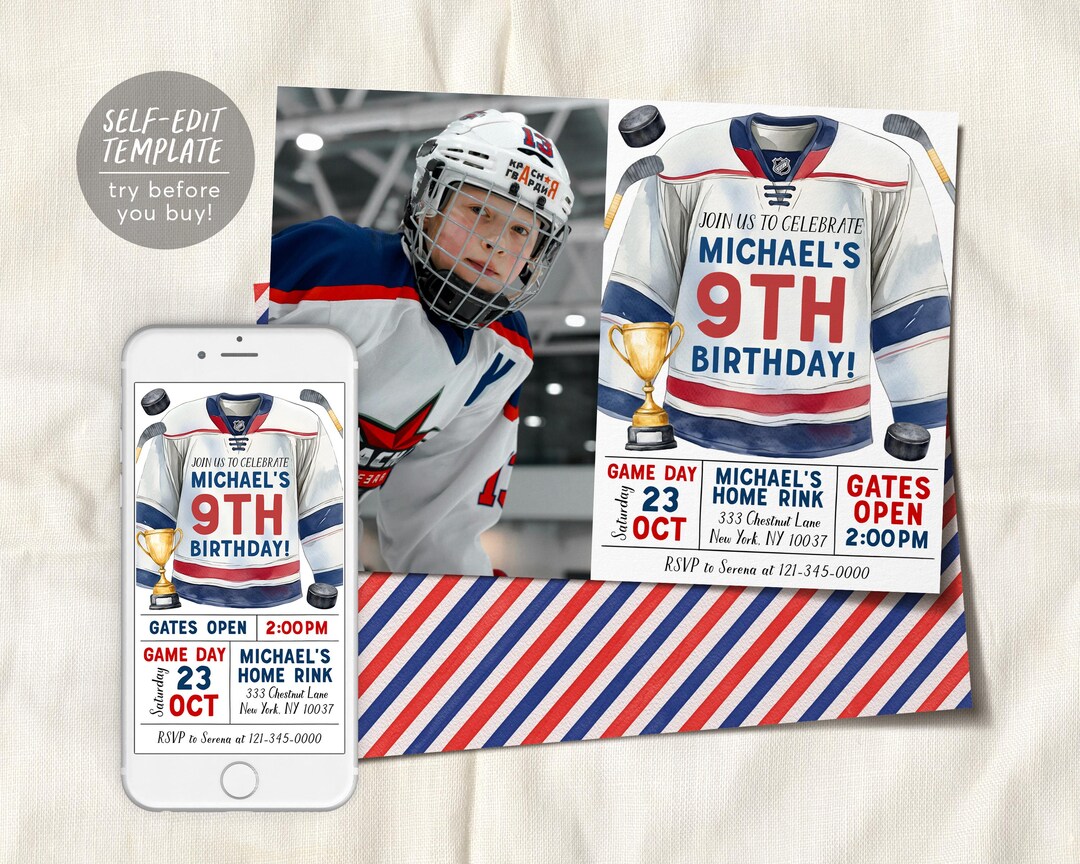 Hockey Birthday Invitation With Photo Editable Template, Boy Ice ...