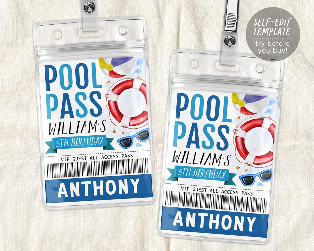 Pool Party Birthday VIP Pass Editable Template, Boy Summer Swimming ...