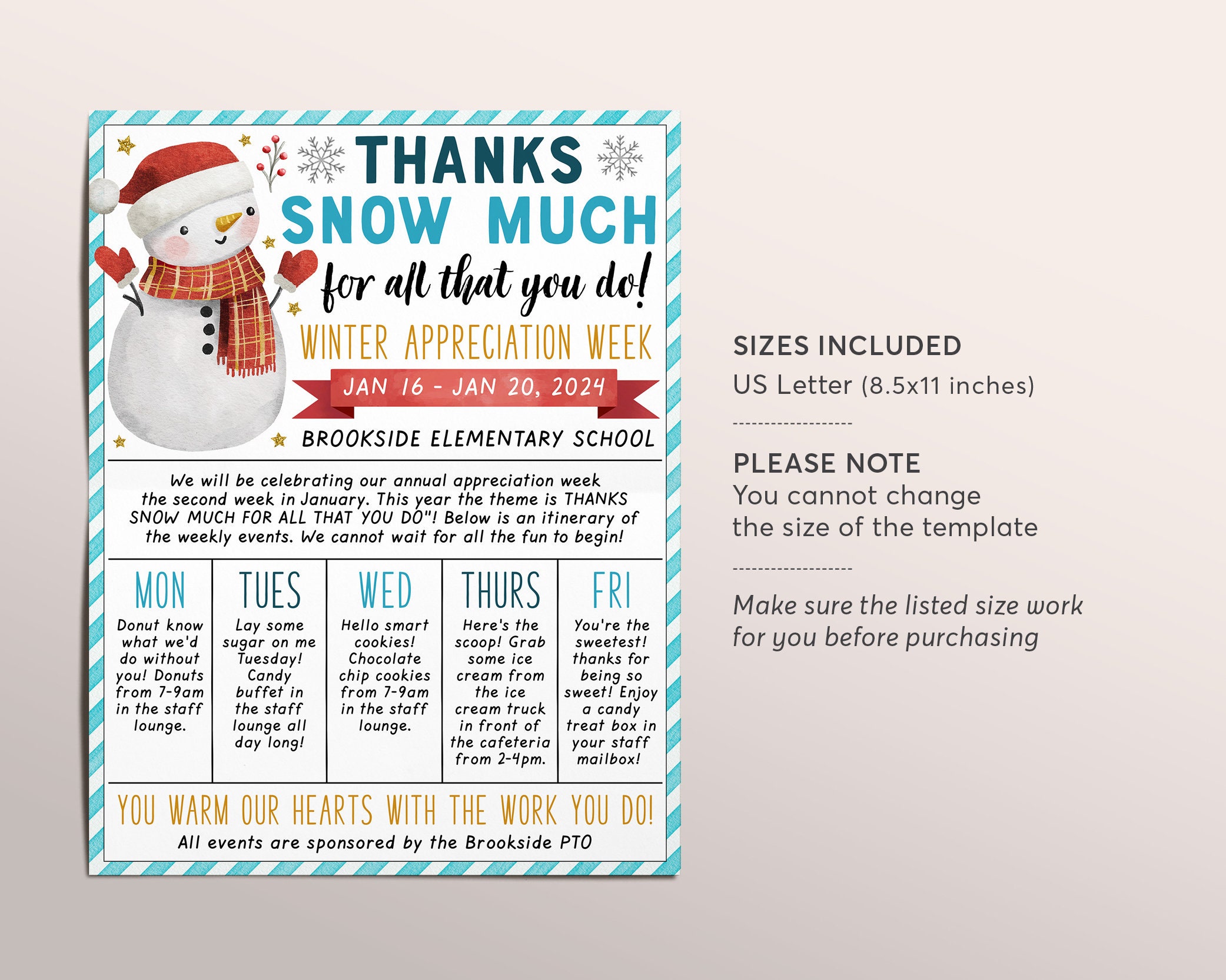 Winter Theme Teacher Staff Appreciation Week Itinerary Flyer Editable ...