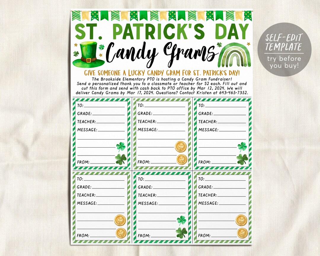 St. Patrick's Day Candy Gram Flyer Editable Template, Saint Patrick's ...
