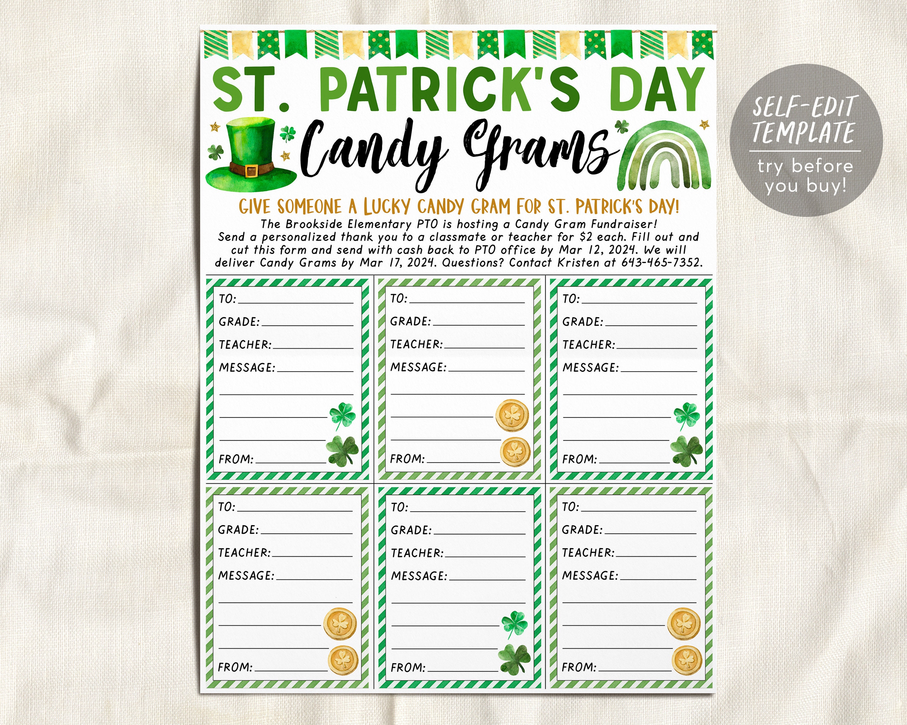 St. Patrick's Day Candy Gram Flyer Editable Template, Saint Patrick's ...