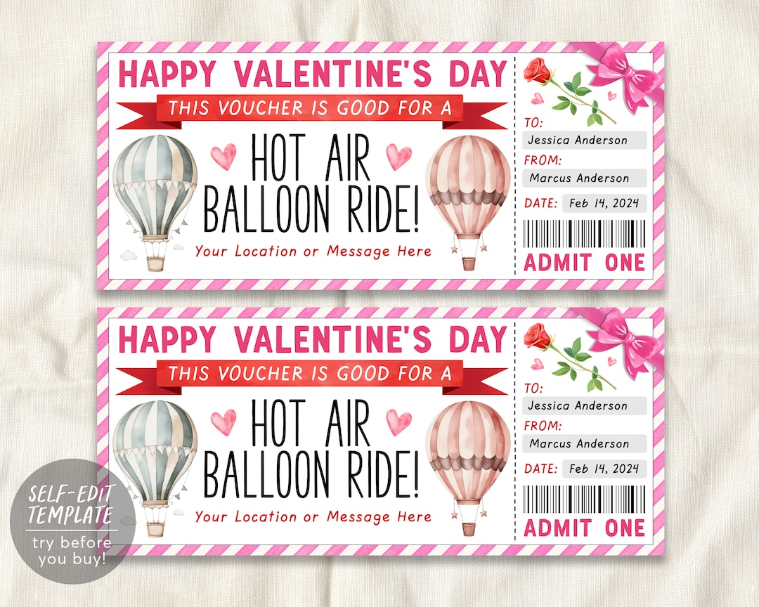 Hot Air Balloon Ticket Editable Template, Valentines Day Surprise Hot ...